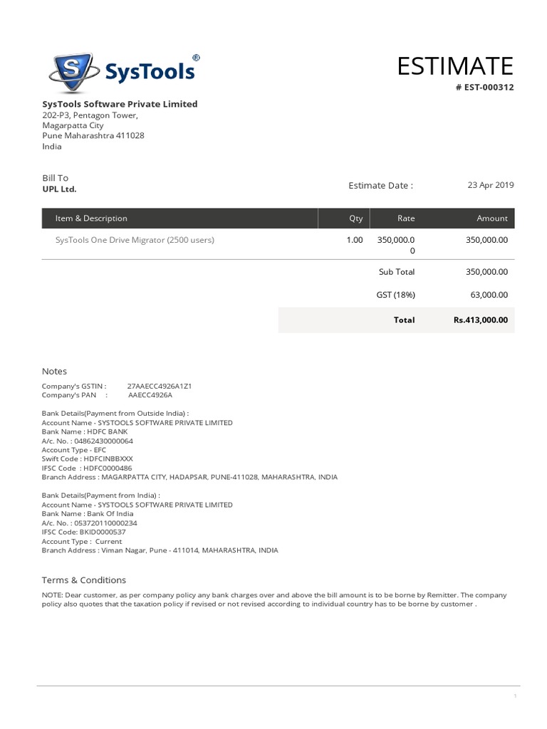 Estimate: Systools Software Private Limited # Est-000312 | PDF