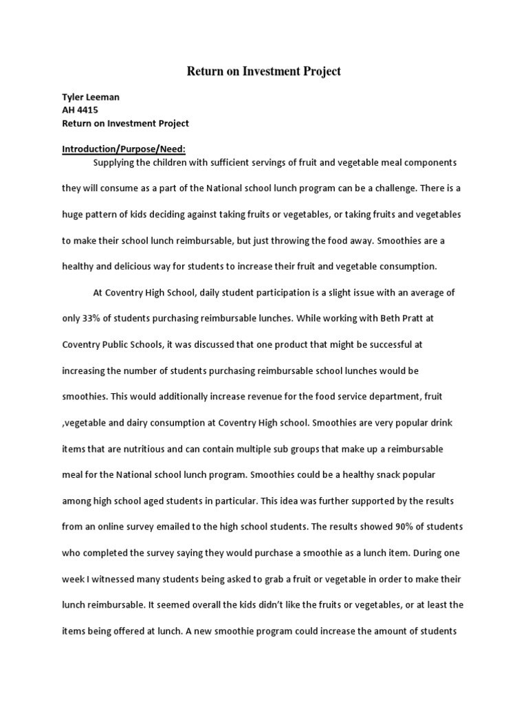 Return On Investment Project | PDF | School Meal | Blender