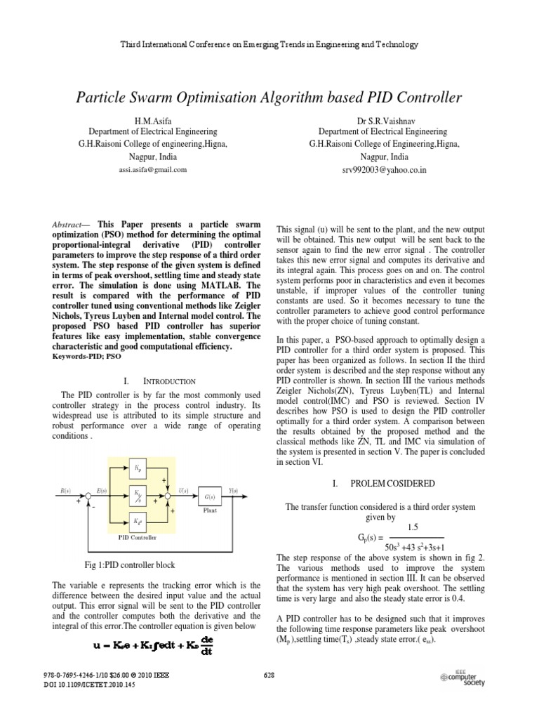 Particle Swarm Optimisation Algorithm Based Pid Controller Pdf Control Theory Mathematical