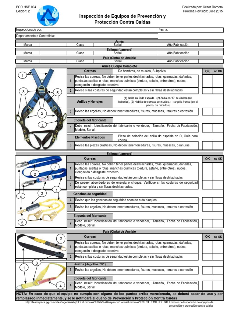 FOR HSE 004.02 Formato de Inspeccion de Equipos de Prevencion y Proteccion Contra Caidas PDF ...