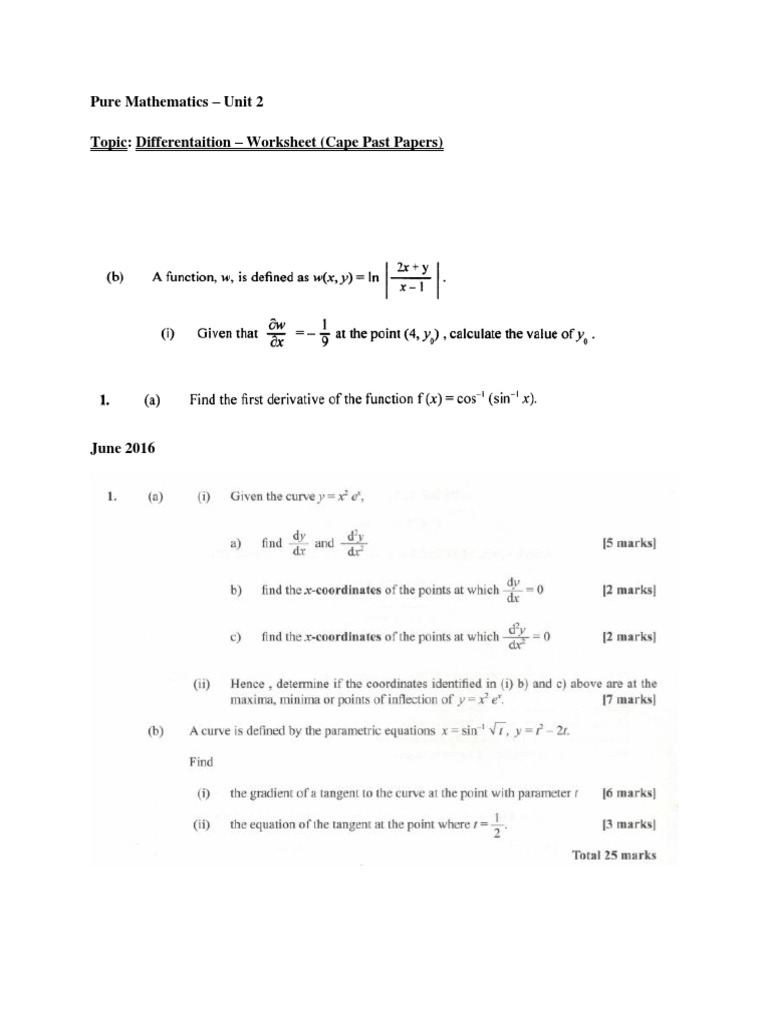 Pure Mathematics - Unit 2 Topic: Differentaition - Worksheet (Cape Past ...