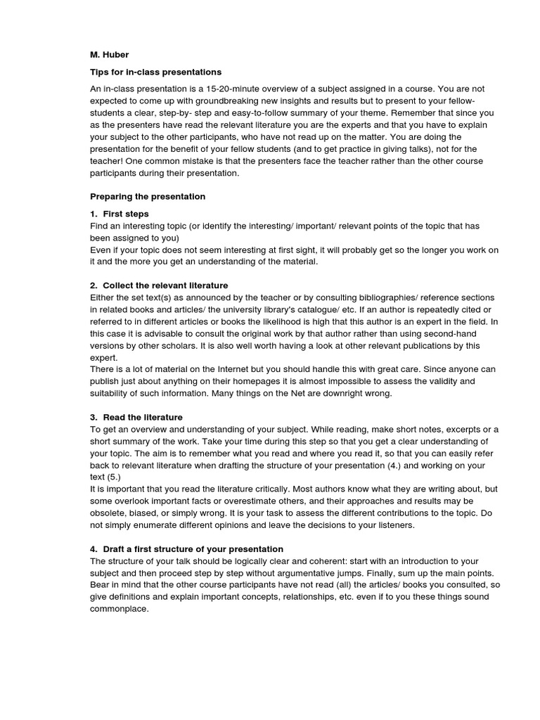 M. Huber Tips For In-Class Presentations | PDF | Concept | Cognitive ...