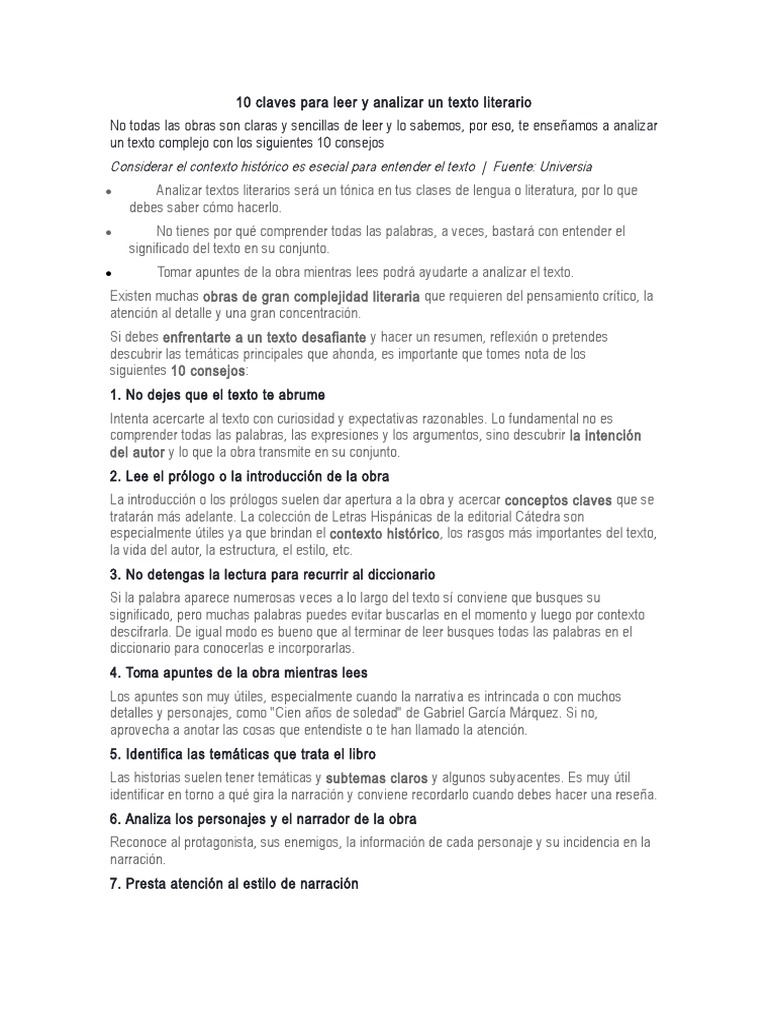 10 Claves para Leer y Analizar Un Texto Literario | PDF | Autor | Narrativa