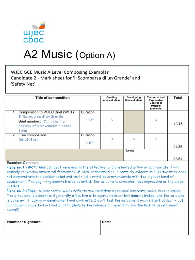 WJEC GCE Music A Level Composing Exemplar - Mark Sheet For Candidate 2 ...