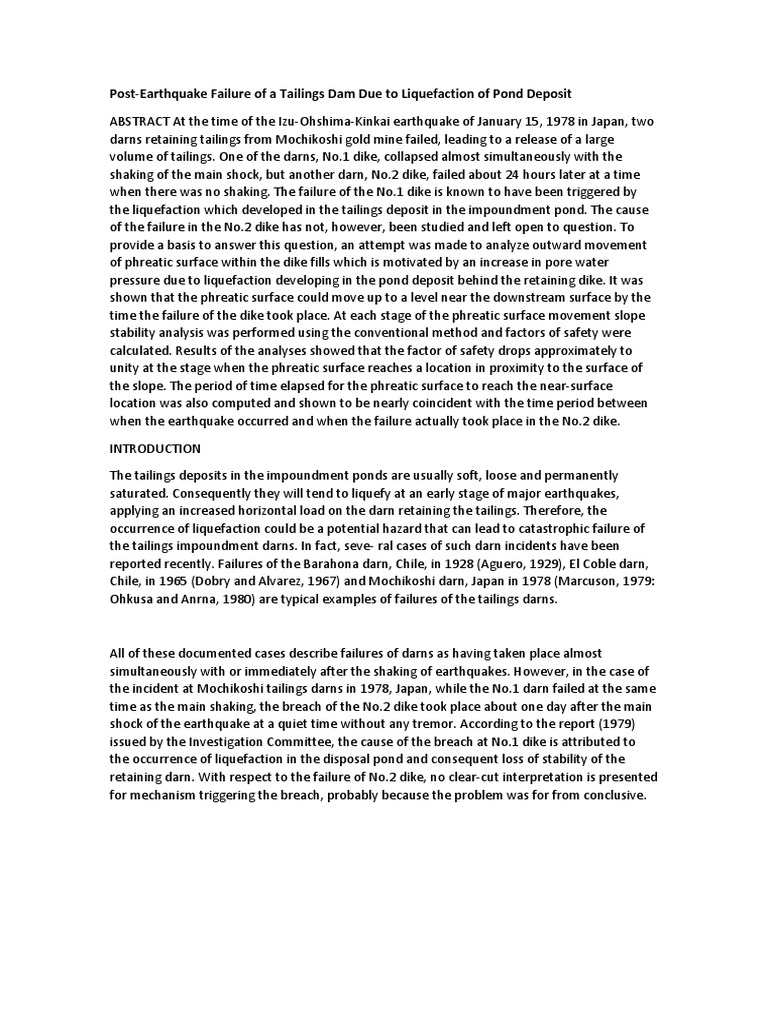 Tailings Dam Failure Due to Earthquake Liquefaction | PDF | Earthquakes ...