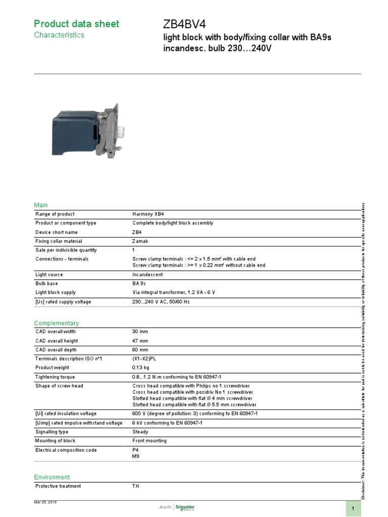 ZB4BV4: Product Data Sheet | PDF | Screw | Voltage