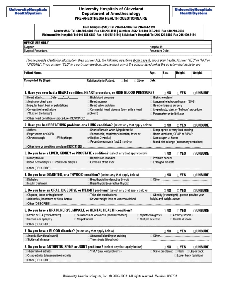 Pre Op Questionnaire PDF | PDF | Heart | Chronic Obstructive Pulmonary ...