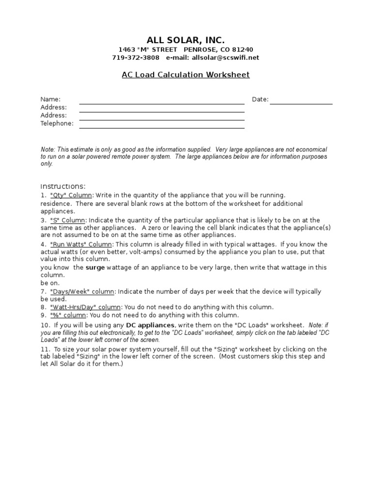 All Solar, Inc.: AC Load Calculation Worksheet | PDF | Direct Current ...