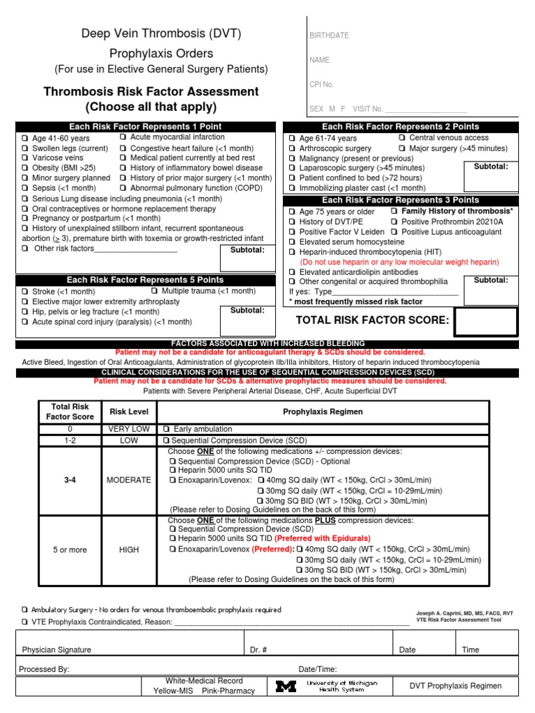 Thrombosis Risk Factor Assessment (Choose All That Apply) : Deep Vein ...