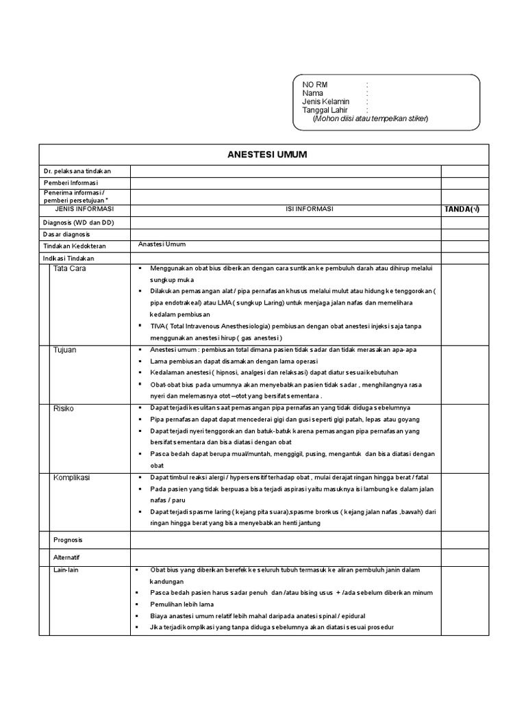Contoh Informed Consent Anestesi Umum | PDF