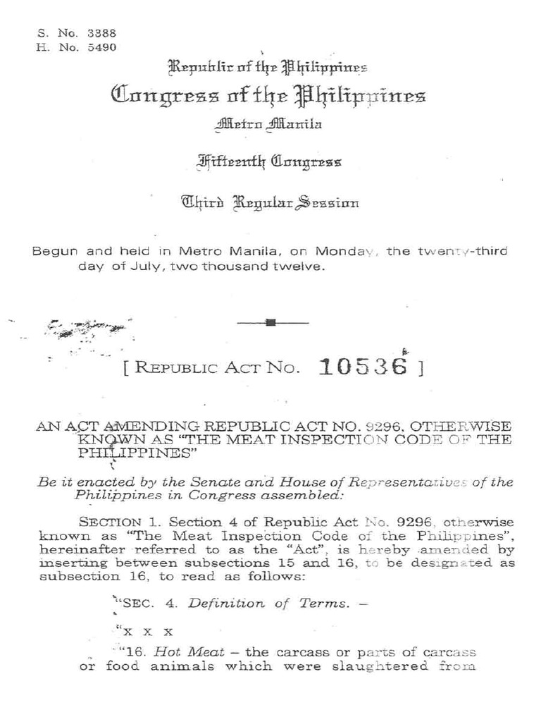 RA 10536 - Meat Inspection Code of The Philippines PDF | PDF