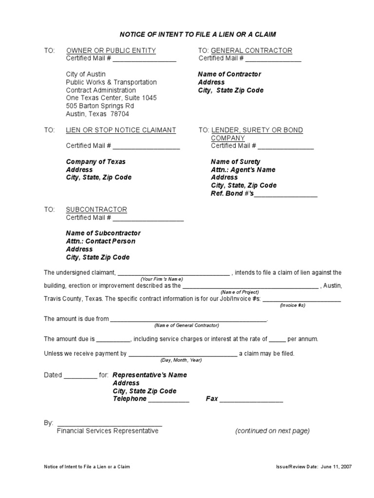 Notice of Intent To File Lien or Claim | Registered Mail | Mail