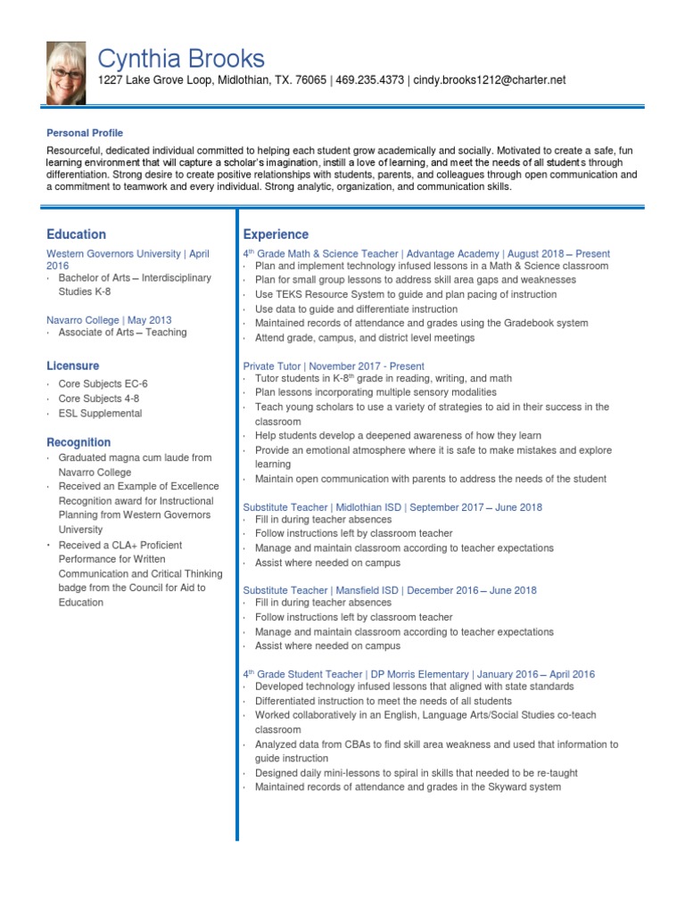 Cynthia Brooks: K-8 Educator Profile | PDF | Differentiated Instruction ...