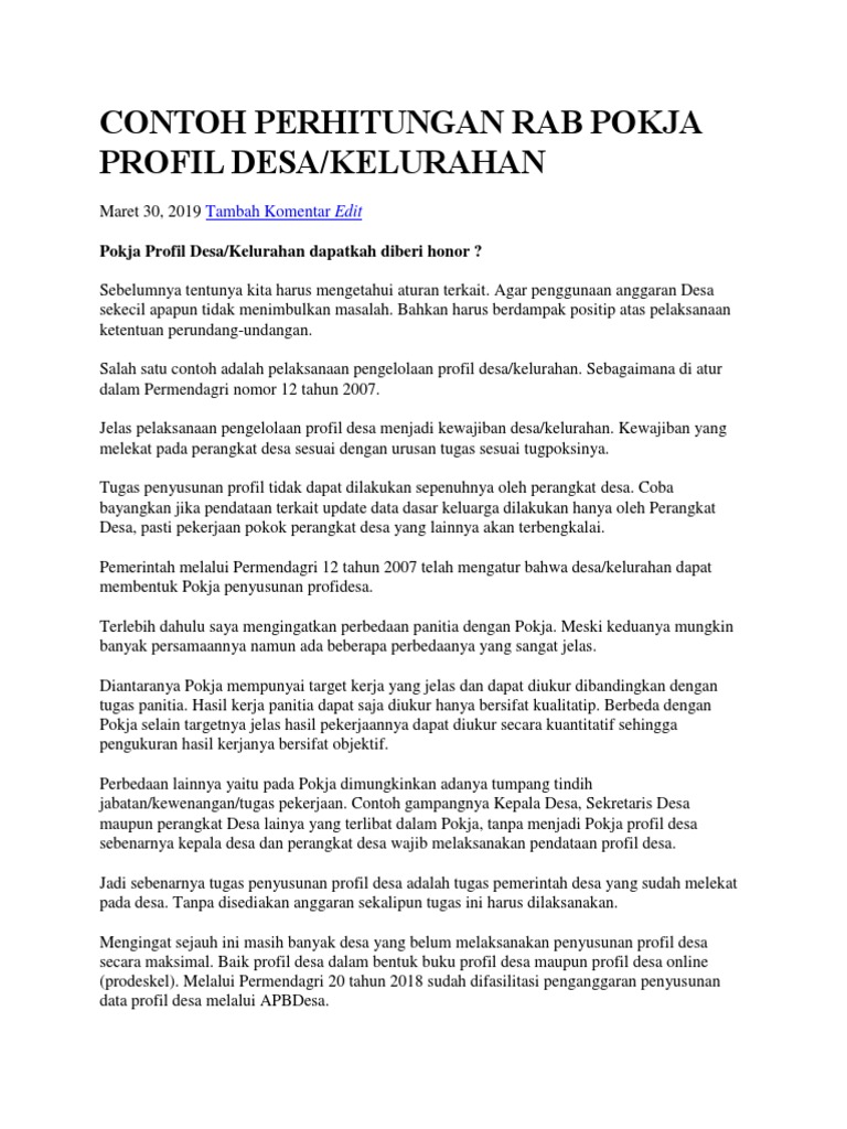 Contoh Perhitungan Rab Pokja Profil Desa | PDF