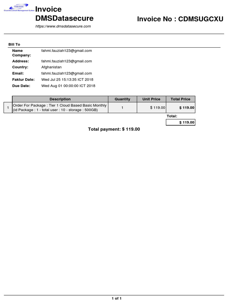 Invoice for Cloud Package Purchase | PDF