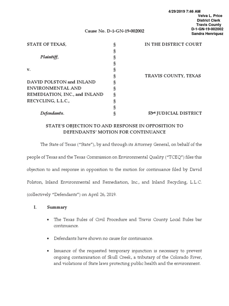 2019.04.29 Opp To Motion For Continuance | PDF | Continuance | Injunction