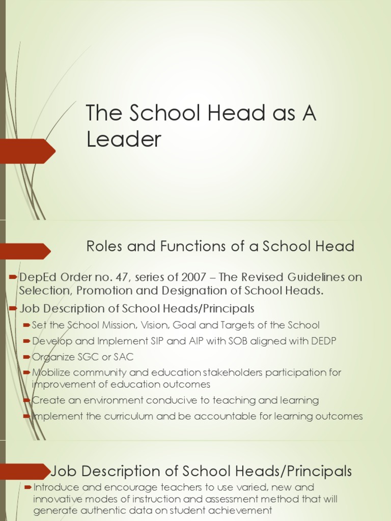 Roles and Functions of School Heads | PDF | Teachers | Pedagogy