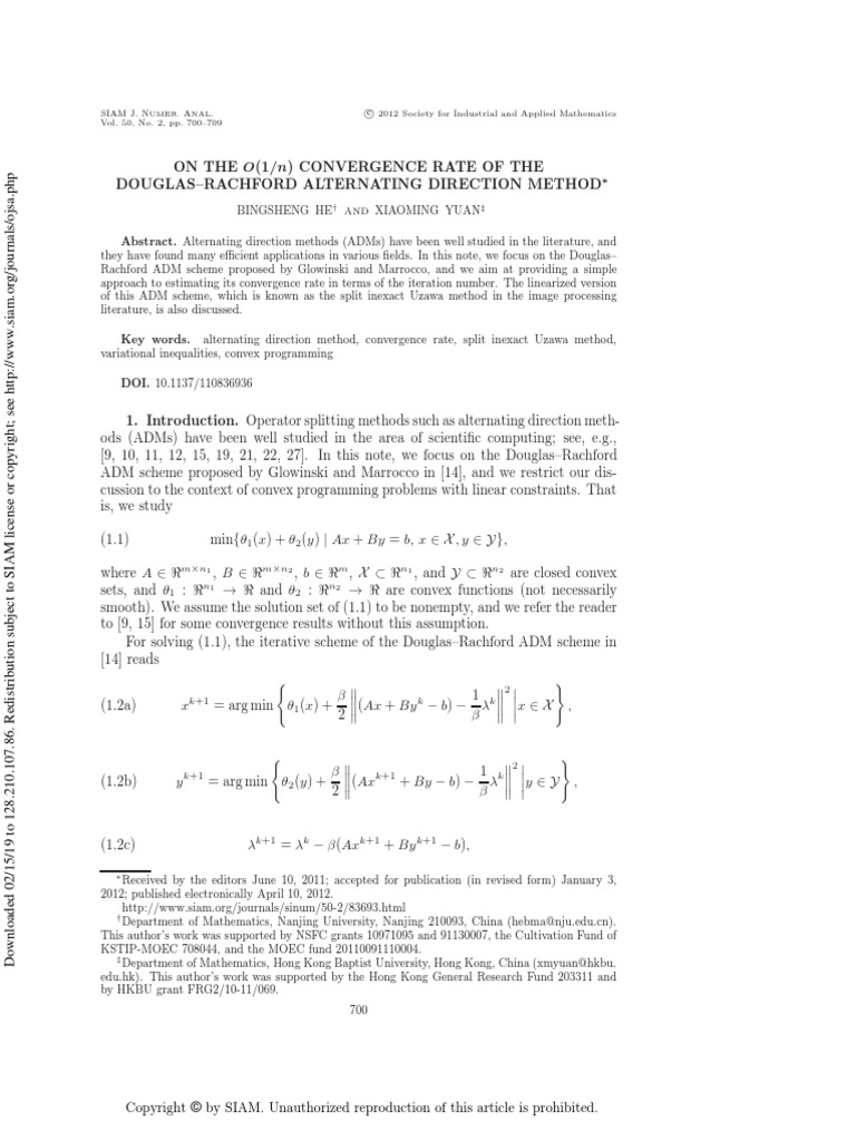 On The Douglas-Rachford Alternating Direction Method: O (1/N) Convergence Rate of The | PDF ...