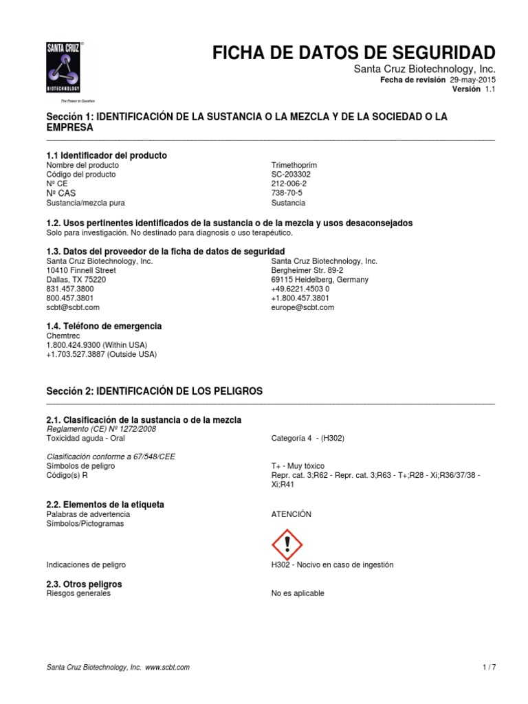 FICHA DE DATOS DE SEGURIDAD Trimetroprim | Descargar gratis PDF | Toxicidad | Agua