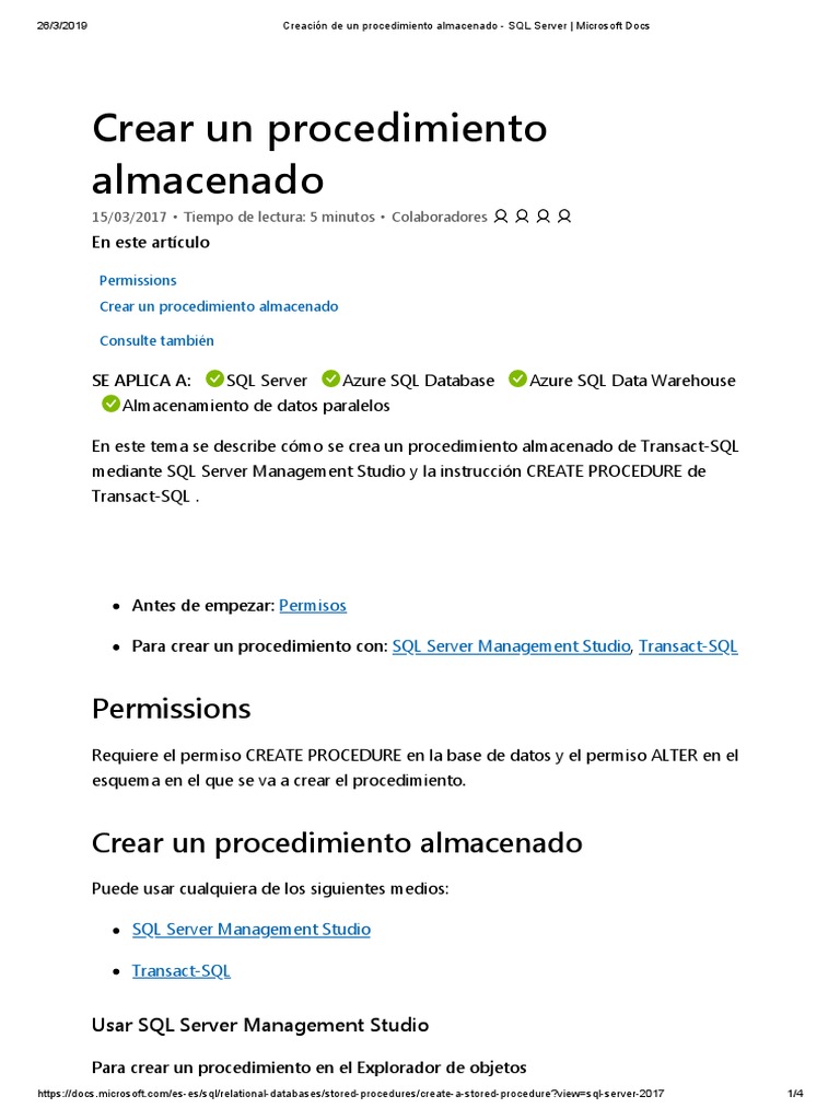 Creación de Un Procedimiento Almacenado - SQL Server - Microsoft Docs ...