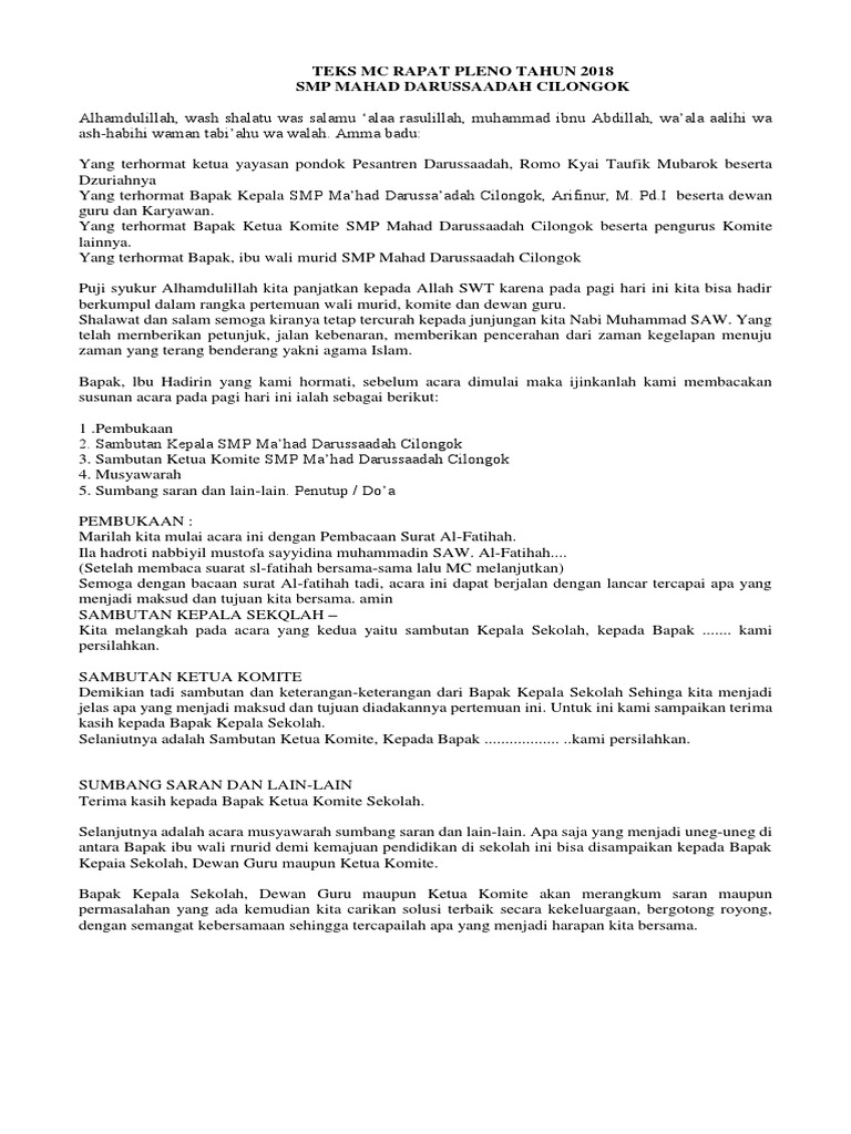 Teks MC Rapat Pleno Tahun 2018 | PDF