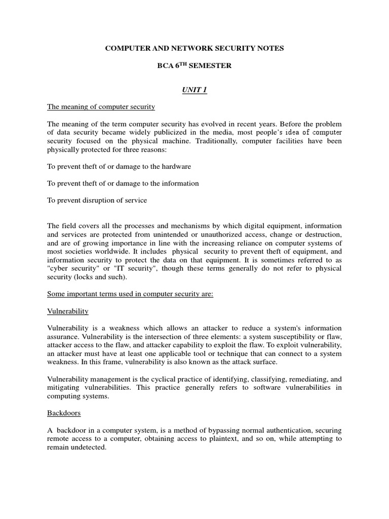 Computer and Network Security Notes Bca 6 Semester: Unit 1 | PDF ...