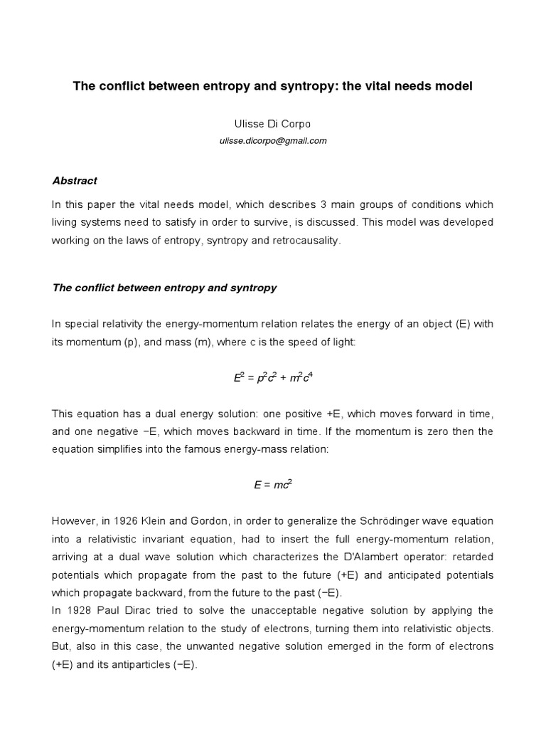 The Conflict Between Entropy and Syntropy: The Vital Needs Model | PDF ...