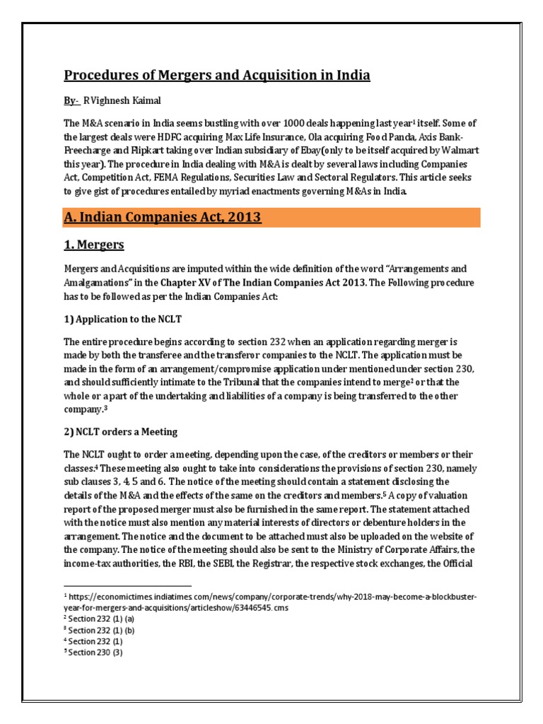 M&A Procedures in India Explained | PDF | Mergers And Acquisitions ...