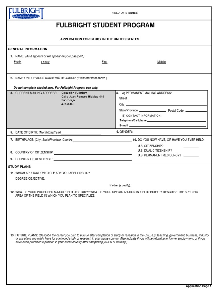 Fulbright Student Program: Application For Study in The United States ...