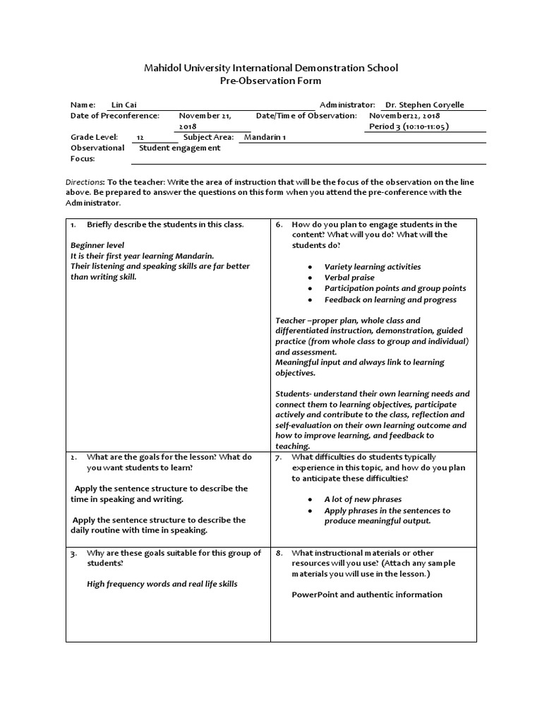 Pre-Observation Form 2018-2019 | PDF | Educational Assessment ...