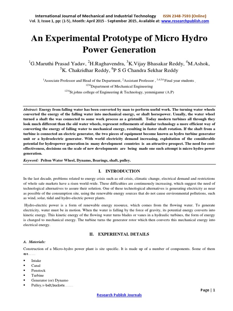 An Experimental Prototype of Micro Hydro Power Generation | PDF ...