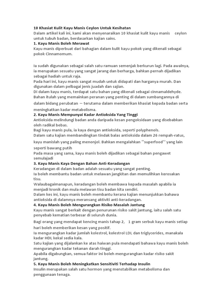10 Khasiat Kulit Kayu Manis Ceylon Untuk Kesihatan | PDF