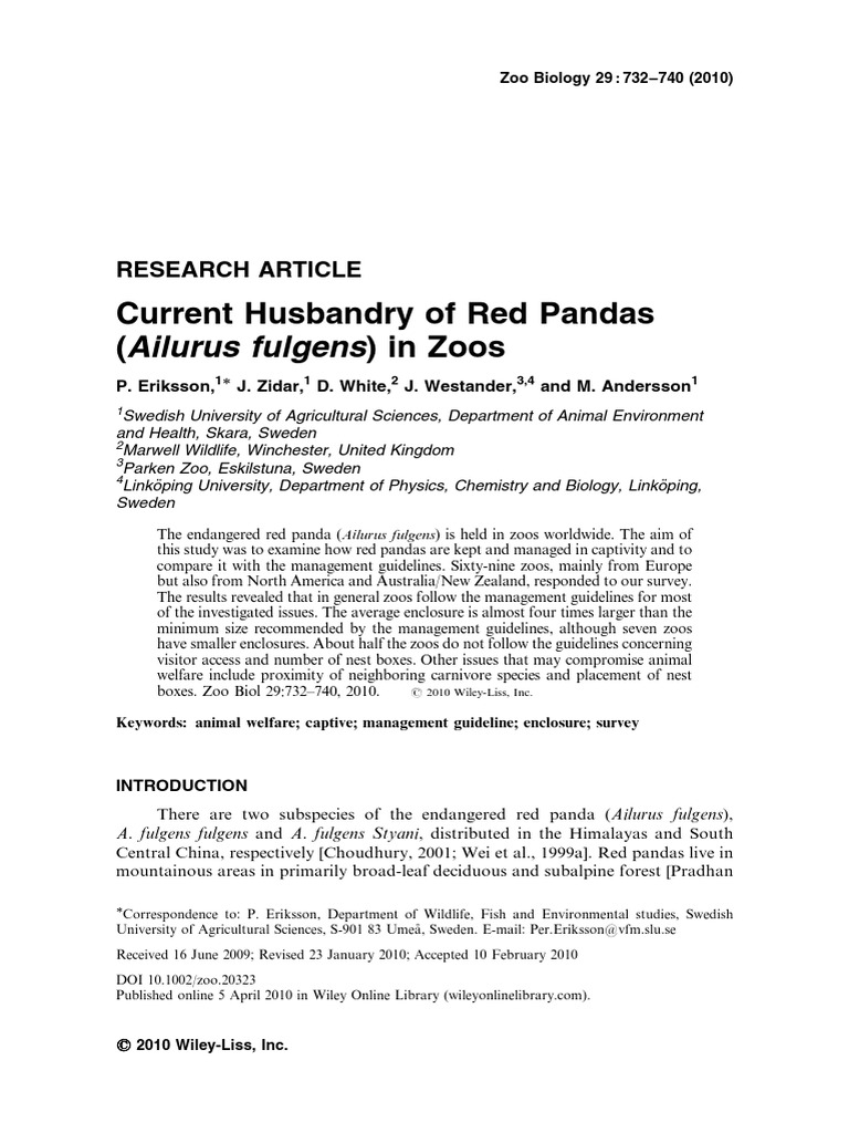 Current Husbandry of Red Pandas (Ailurus Fulgens) in Zoos: Research ...