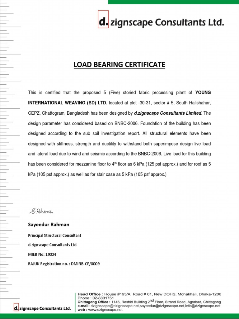 Load Bearing Certificate: Sayeedur Rahman | PDF