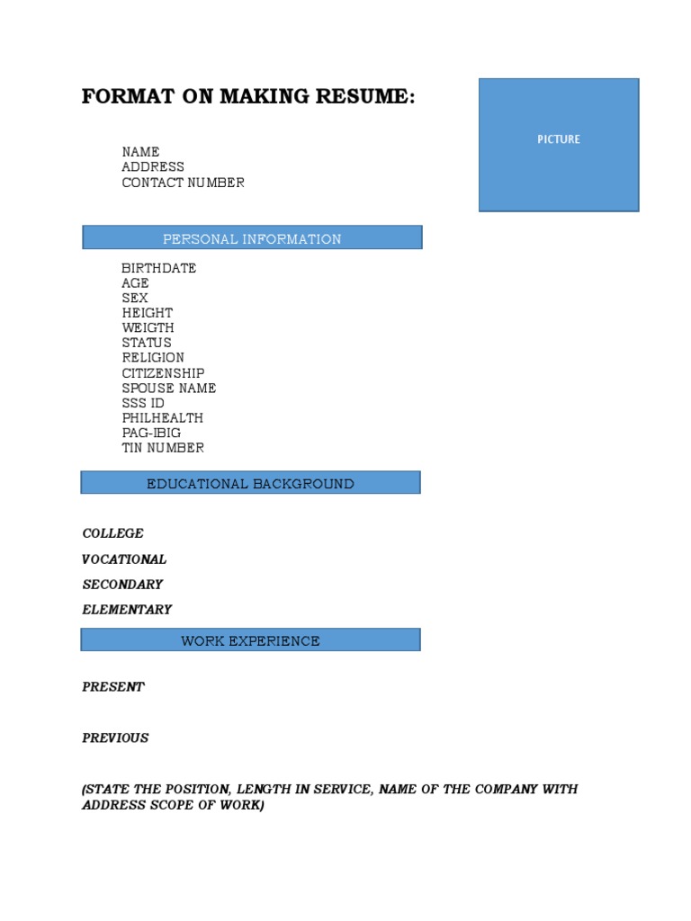 Format On Making Resume:: Personal Information | PDF