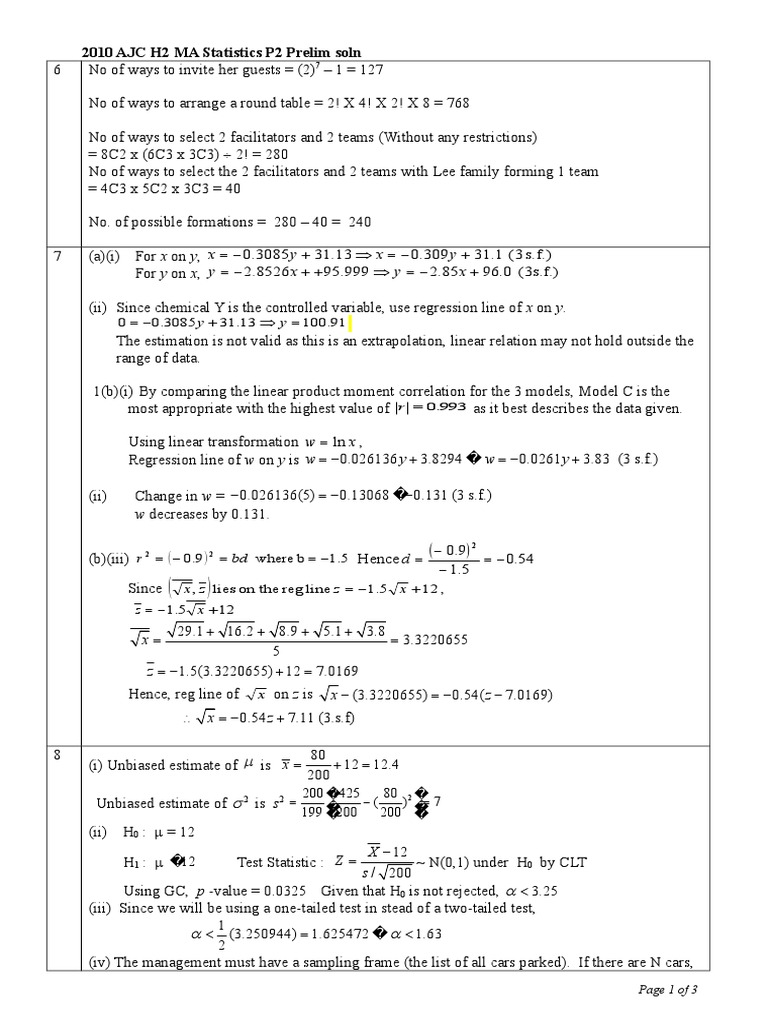 2010 AJC MA H2 P2 Statistics Prelim Solution | PDF | Linear Regression ...