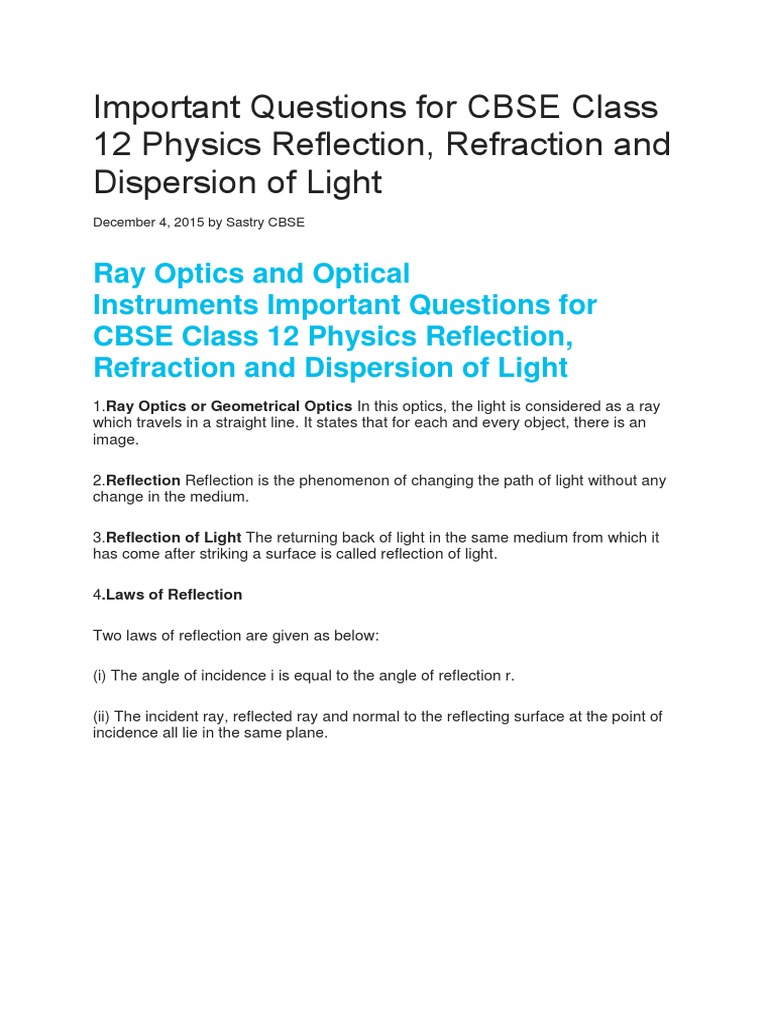 Important Questions For CBSE Class 12 Physics Reflection | PDF | Lens (Optics) | Refractive Index