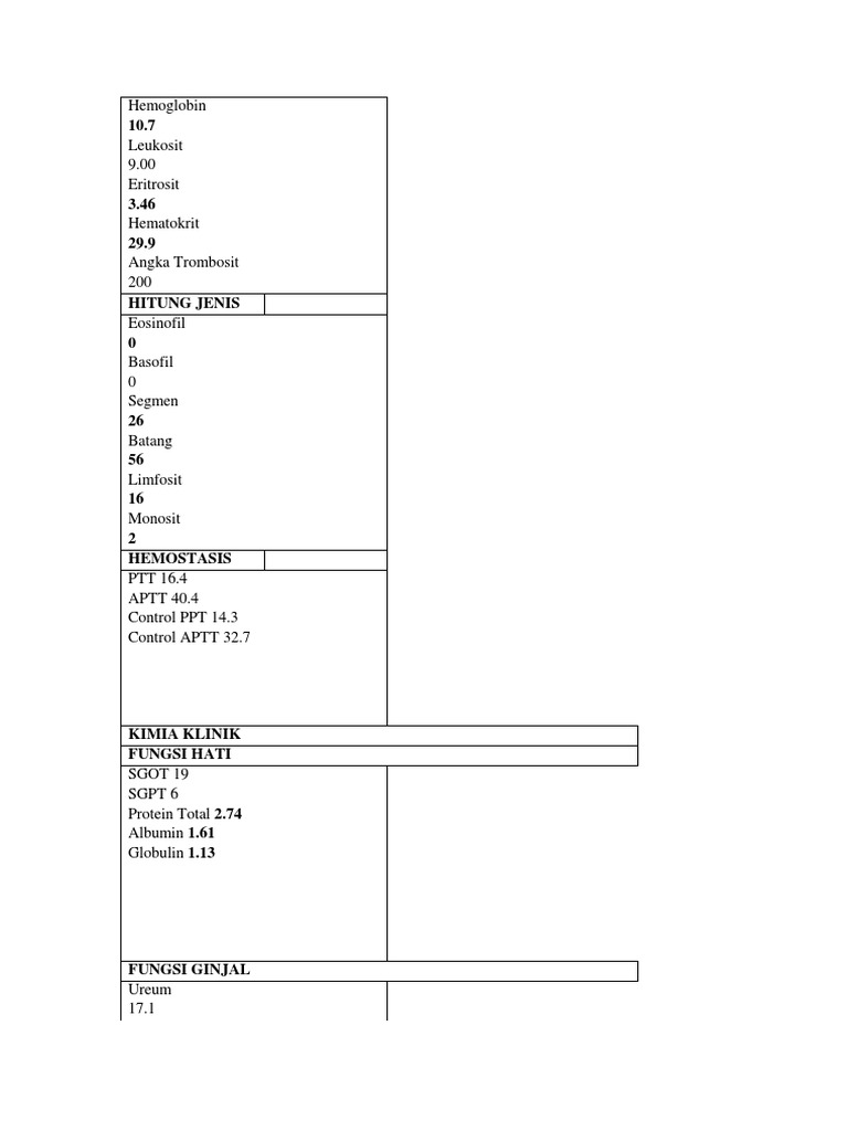 Hemoglobin Leukosit 9.00 Eritrosit Hematokrit Angka Trombosit 200 | PDF