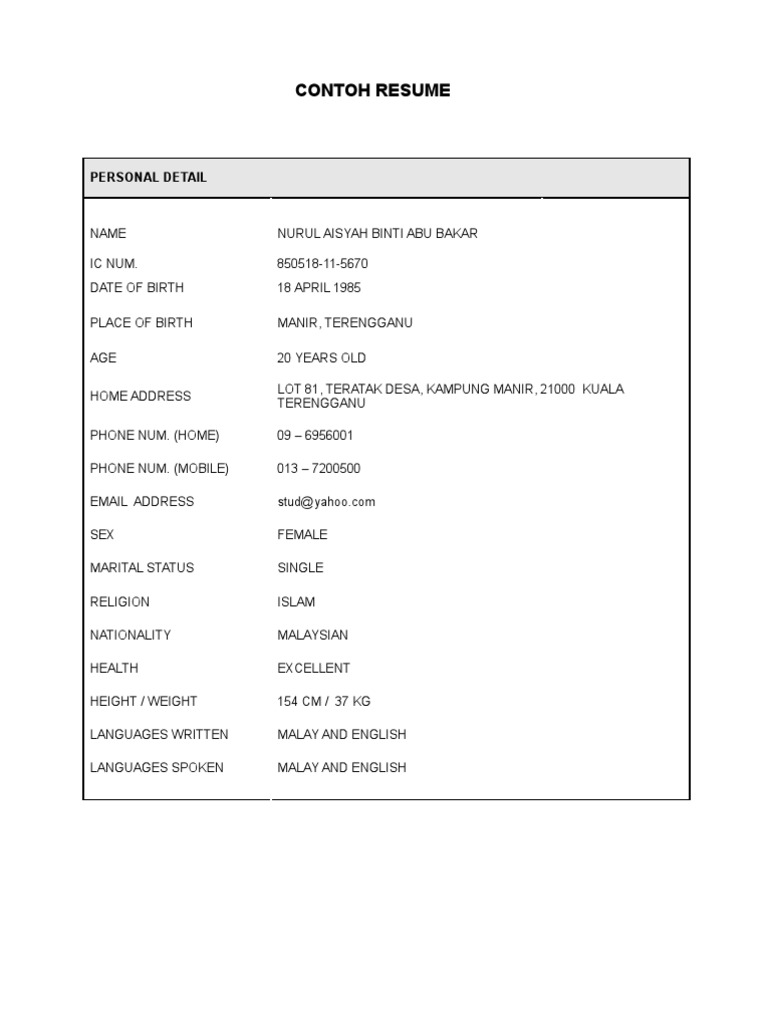 Contoh Resume: Personal Detail | PDF