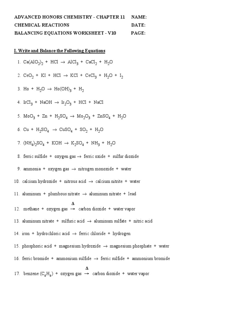 Chapter 11 2 Types Of Chemical Reactions Worksheet