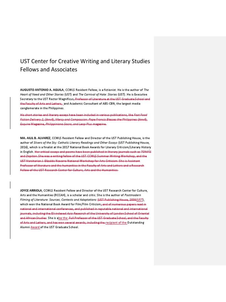 Ust Ccwls Fellows Bionotes 2019 - Edited For Brochure | PDF | Writing ...