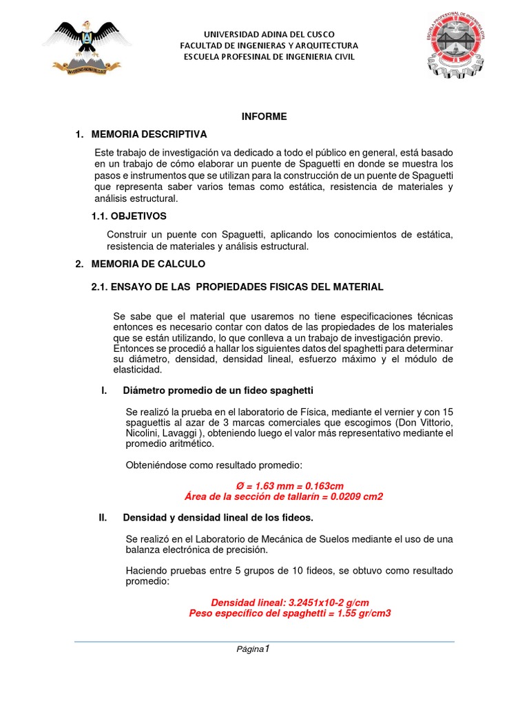 Informe de Spaguetti | PDF | Ingeniería | Resistencia de materiales