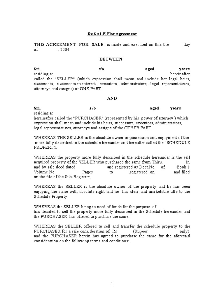 ReSale Flat Agreement | PDF | Deed | Sales