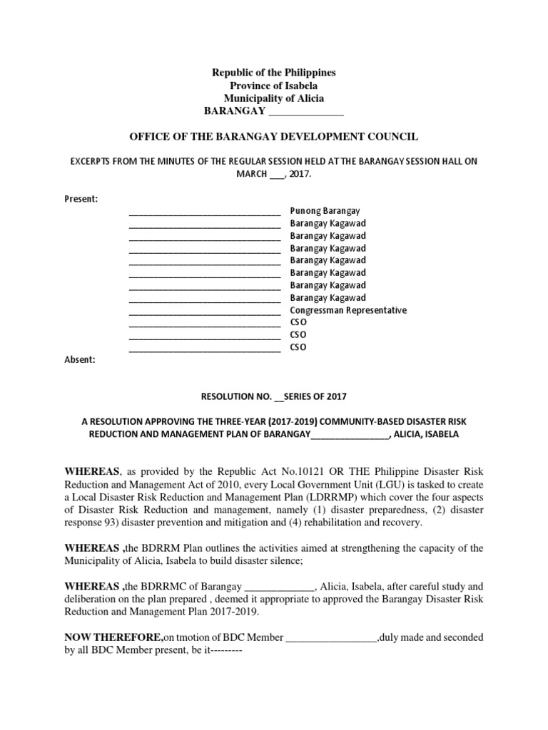 BDC Resolution Approvin G The BDRMMC Plan | PDF | Emergency Management ...