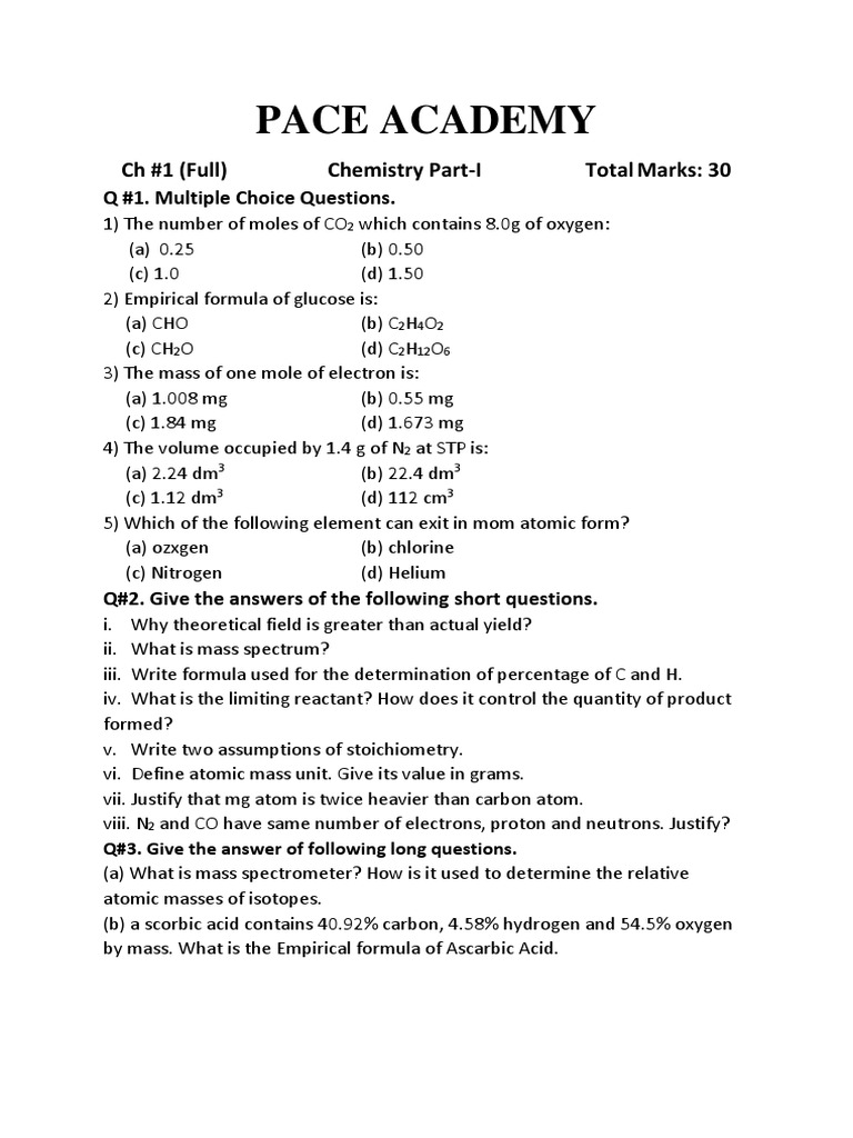 Pace Academy Test Chem Ch-1 P-1 | PDF