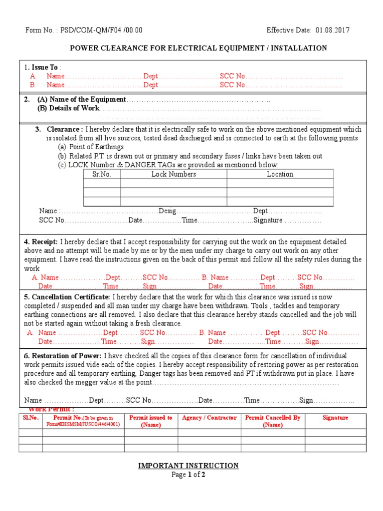 Power Clearance Form | Download Free PDF | High Voltage | Electricity
