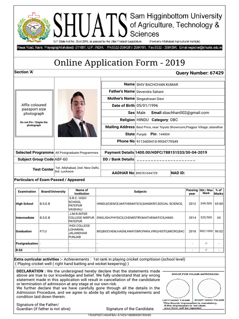 SHUATS Online Application Form | PDF | Business