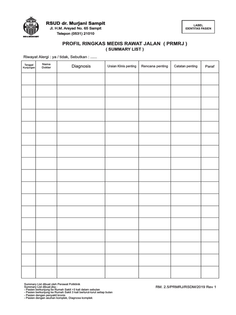 PRMRJ Profil Ringkas Medis Rawat Jalan NEW PDF | PDF