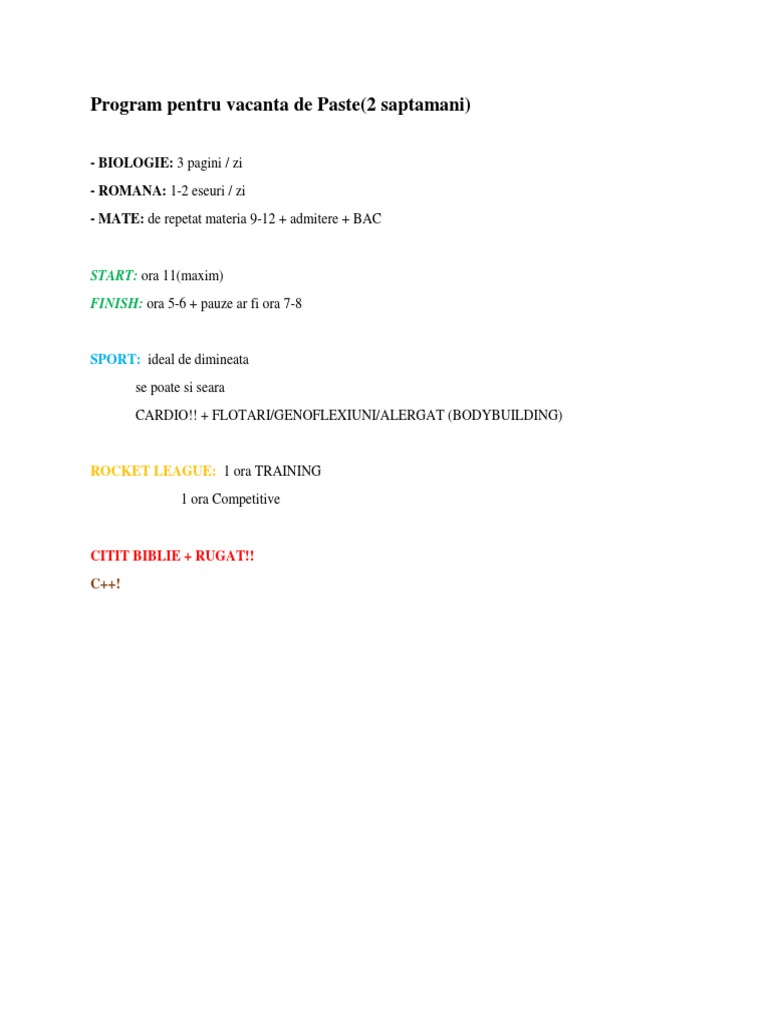 Program Pentru Vacanta de Paste (2 Saptamani) | PDF