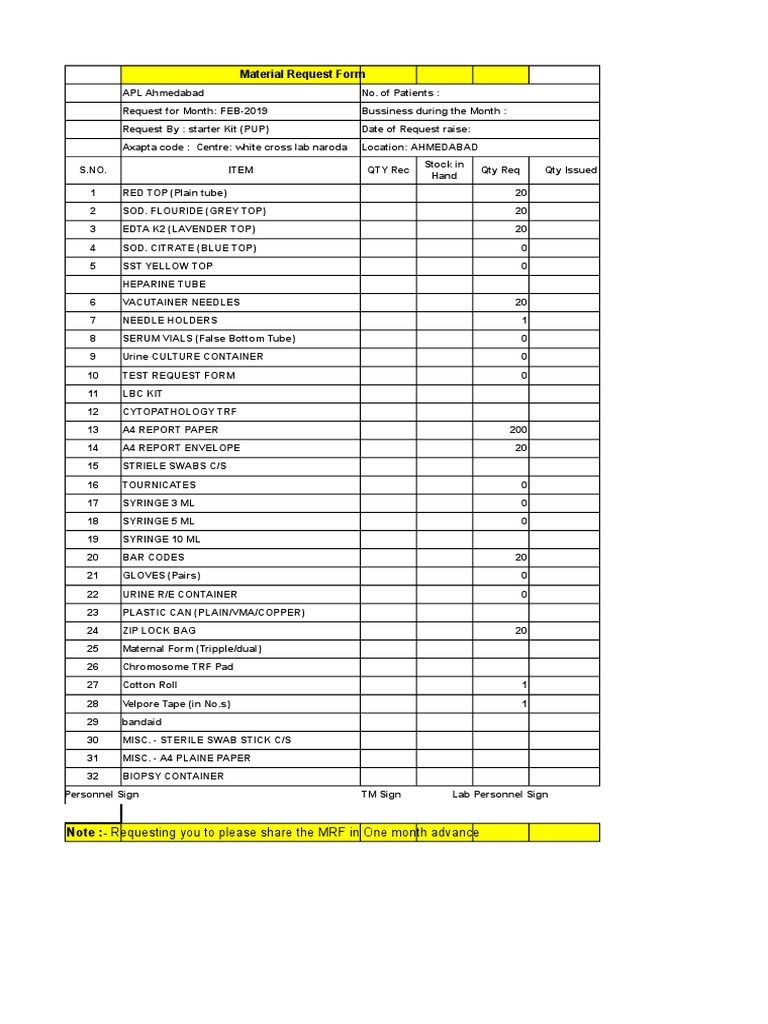 Material Request Form: Note:-Requesting You To Please Share The MRF in ...